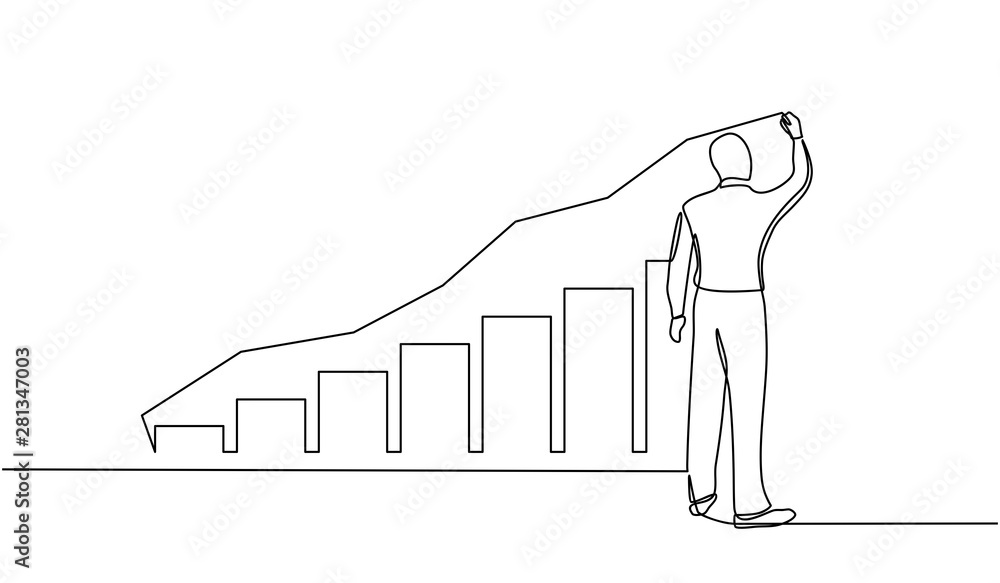 continuous line drawing of standing businessman drawing rising diagram ...