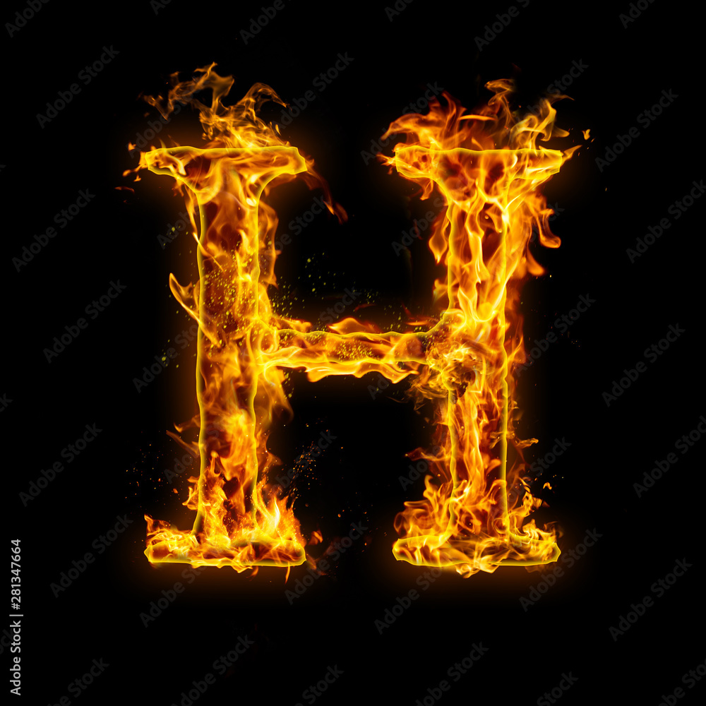 Letter H. Fire flames on black isolated background, realistick fire ...