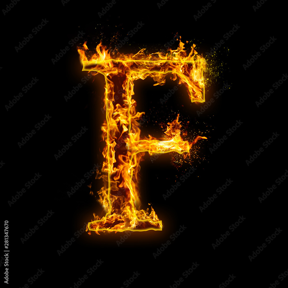 Letter F. Fire flames on black isolated background, realistick fire ...