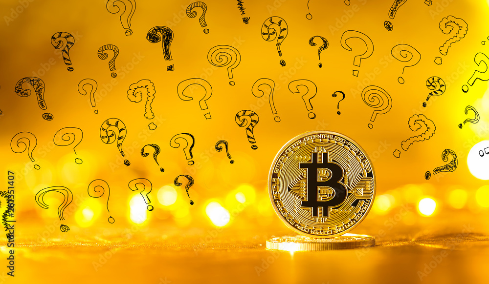 Small question marks with gold bitcoin cryptocurrency coin Stock Photo ...