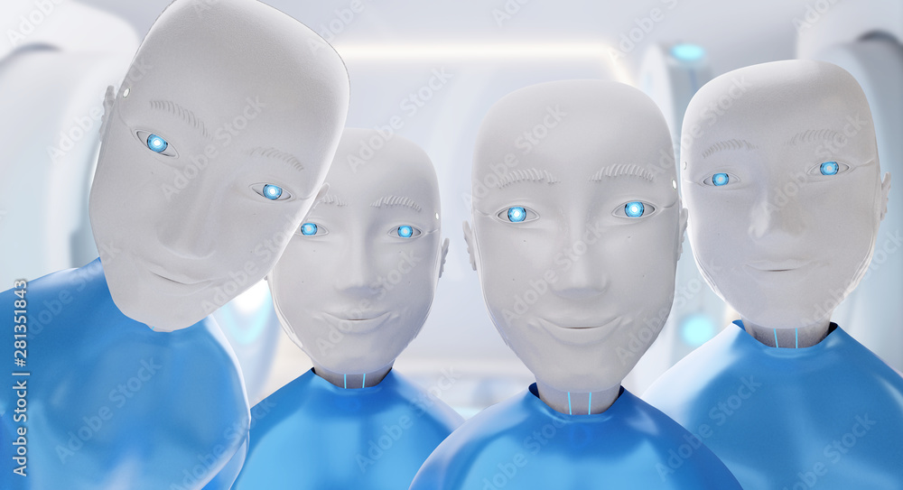 never seen before. analysis. Group of friendly happy robots looks very ...