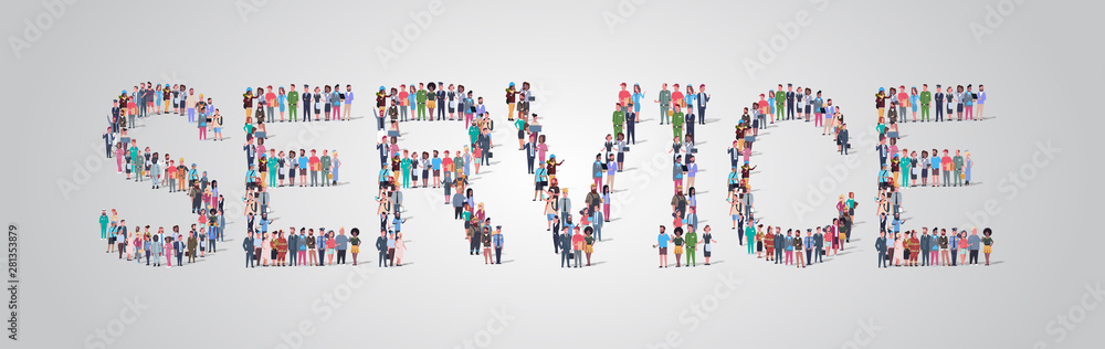 people crowd gathering in shape of service word different occupation ...