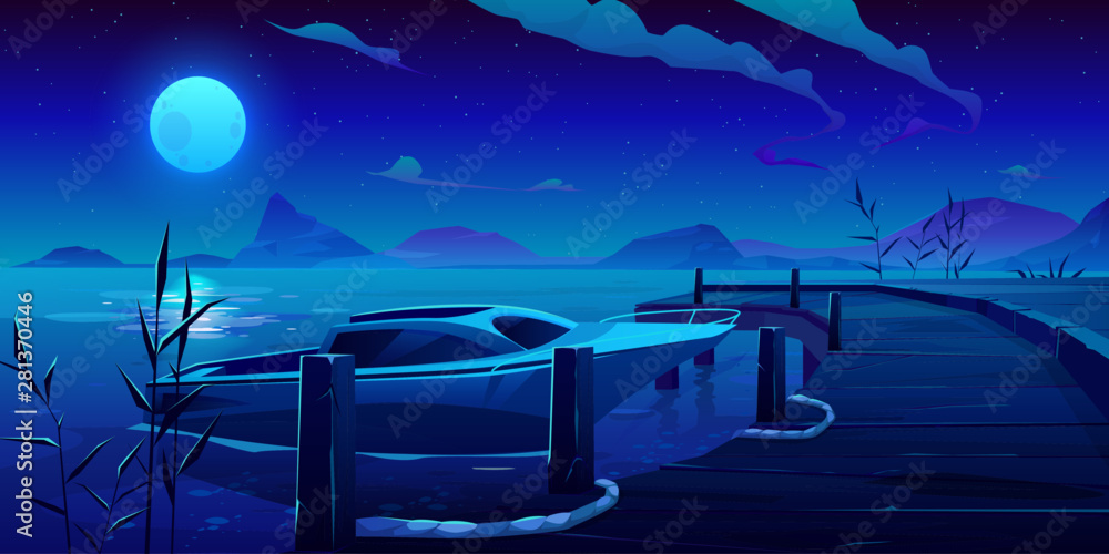 Boat, yacht moored to pier on night river or lake natural landscape ...
