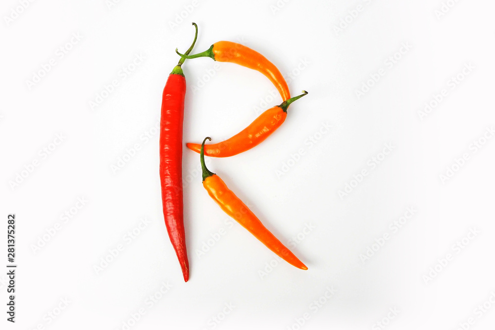 English alphabet. Letter R made of fresh chili pepper isolated on white ...
