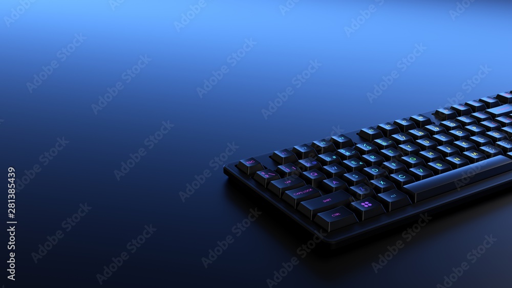 Black RGB keyboard with backlit letters. Professional gamer device ...