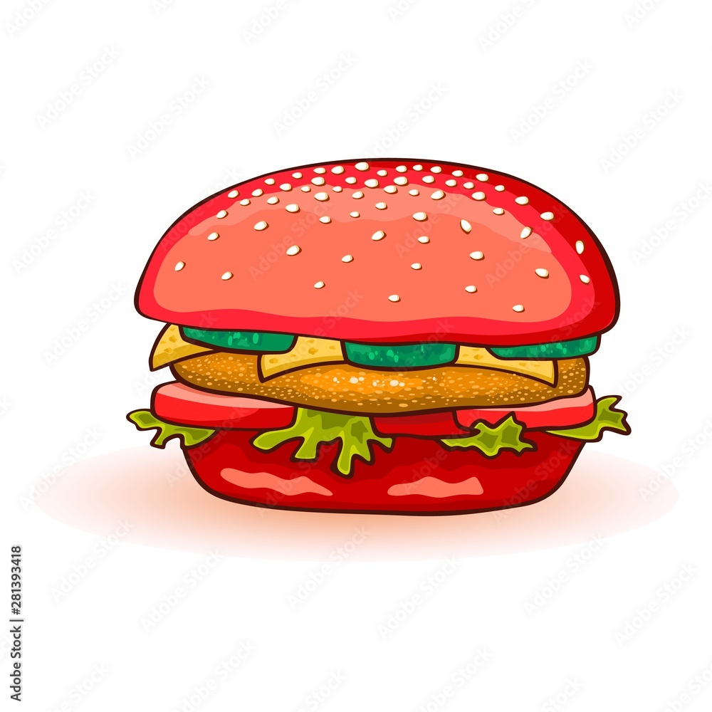 Red colored burger including beef patty, cheese, juicy red tomato ...