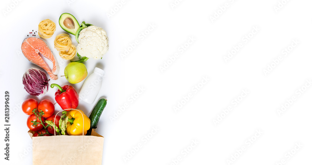 Healthy food background. Healthy food in paper bag fruits, vegetables ...