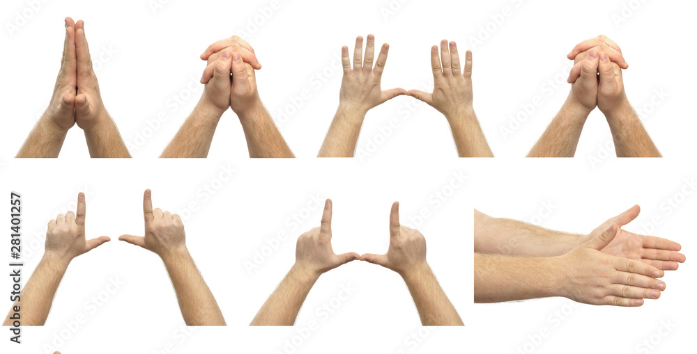 Collage of male hands showing various gestures isolated on white ...