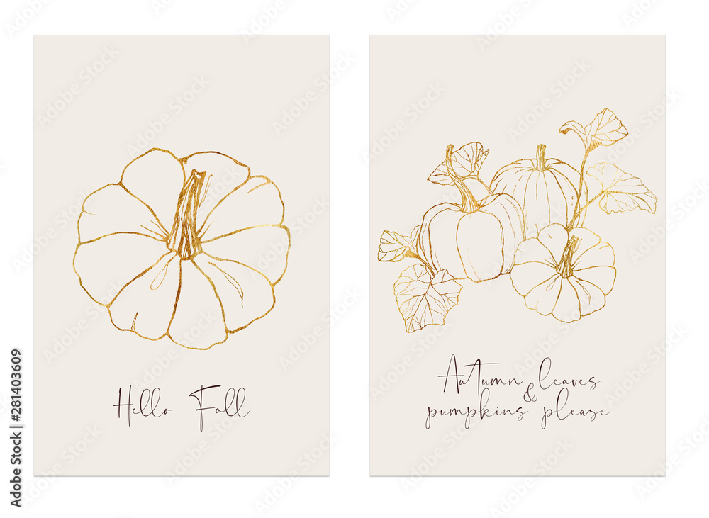 Watercolor Hello fall card with golden pumpkins. Hand painted traditional gourds with leaves and ...
