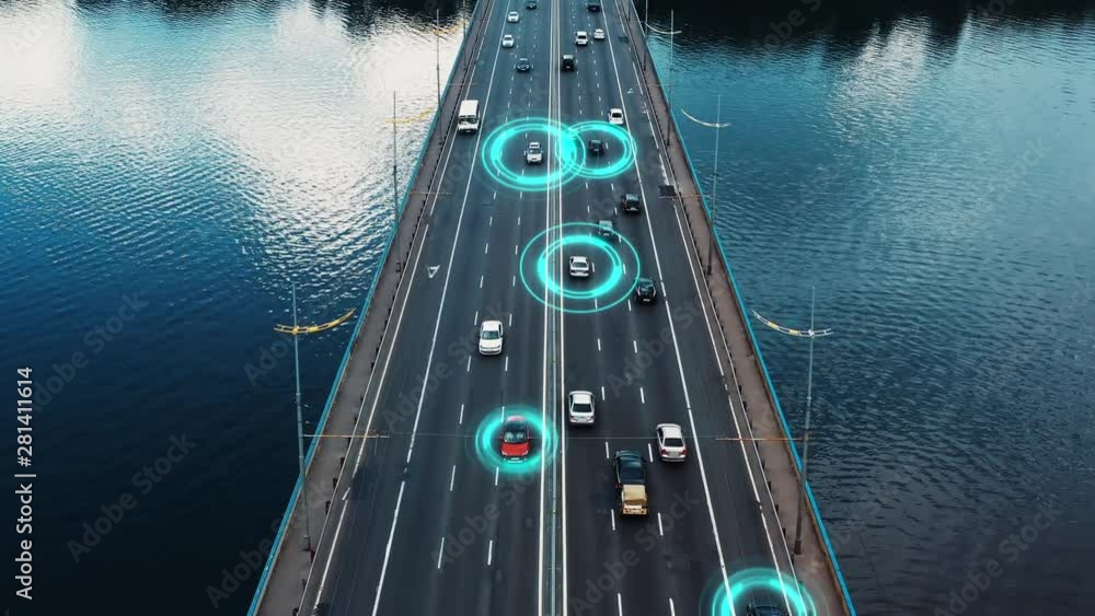 Self driving autonomous cars speeding through the bridge with ...