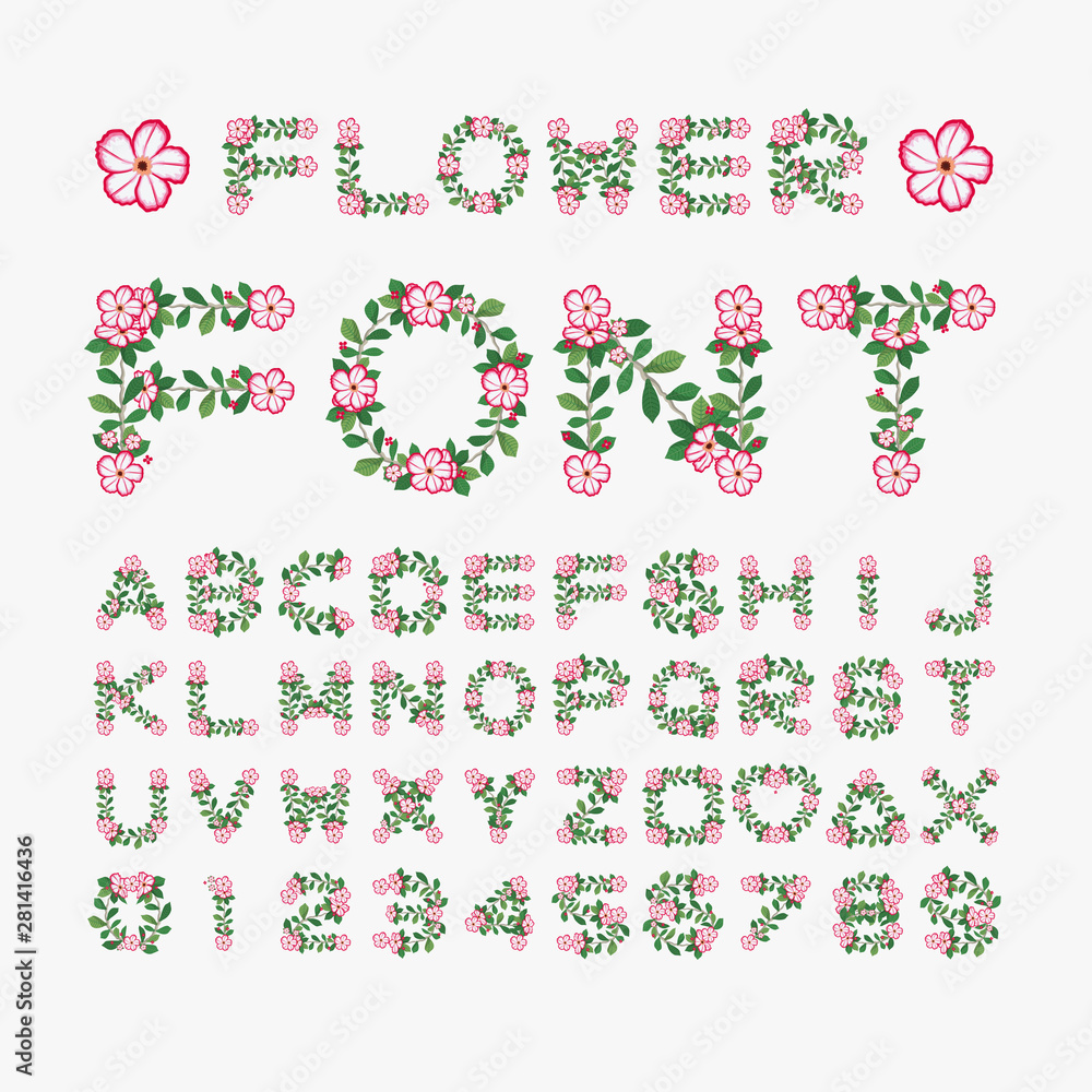 Isolated azalea flower font alphabet character with number and symbol ...