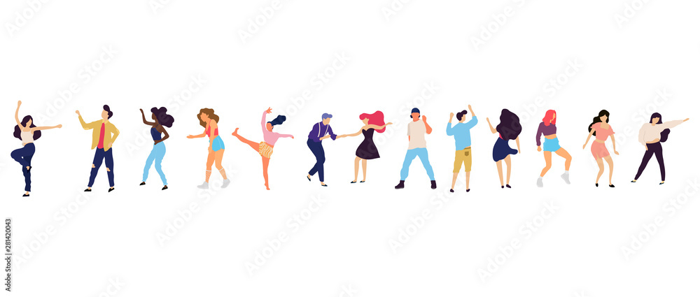 Crowd of young people dancing at club. Big set of characters having fun ...