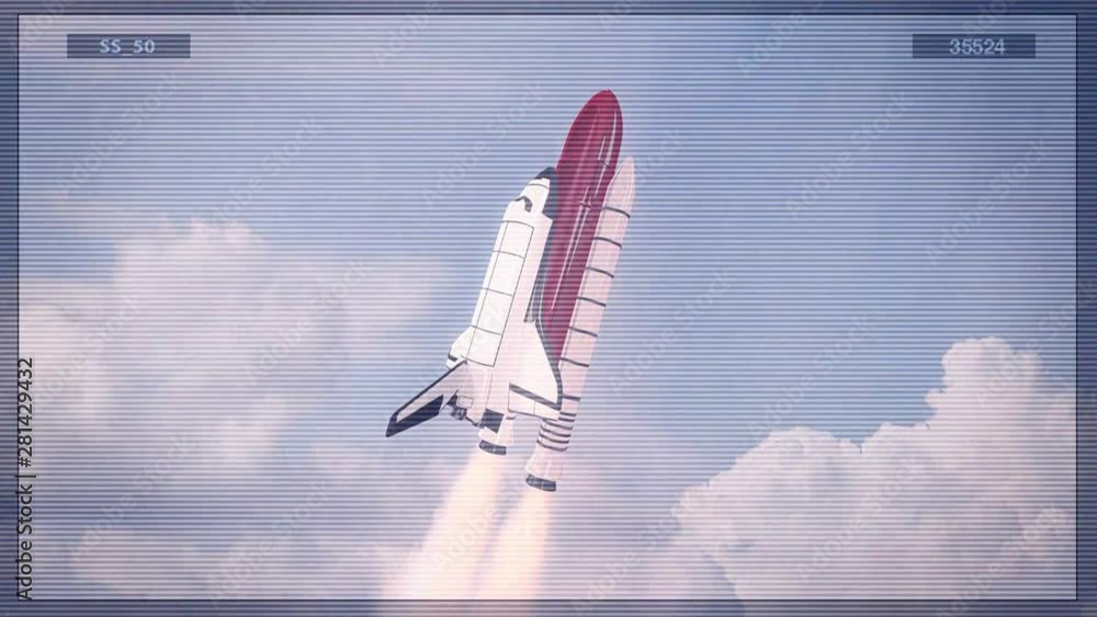 Vidéo Stock Space shuttle flying into space, sky with clouds. Old TV ...