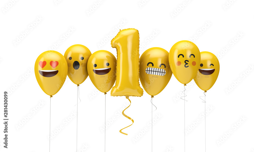 Number 1 yellow birthday emoji faces balloons. 3D Render Stock ...