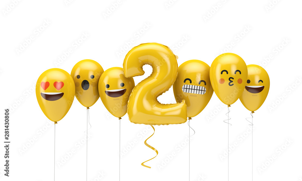 Number 2 yellow birthday emoji faces balloons. 3D Render Stock ...