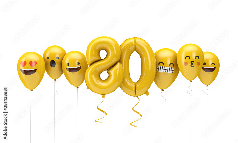 Number 80 yellow birthday emoji faces balloons. 3D Render Stock ...