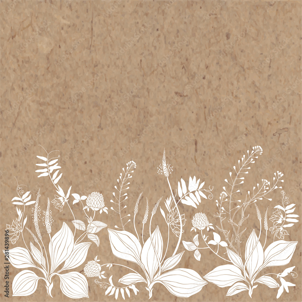 Floral background with wildflowers, herbs and space for text on kraft ...