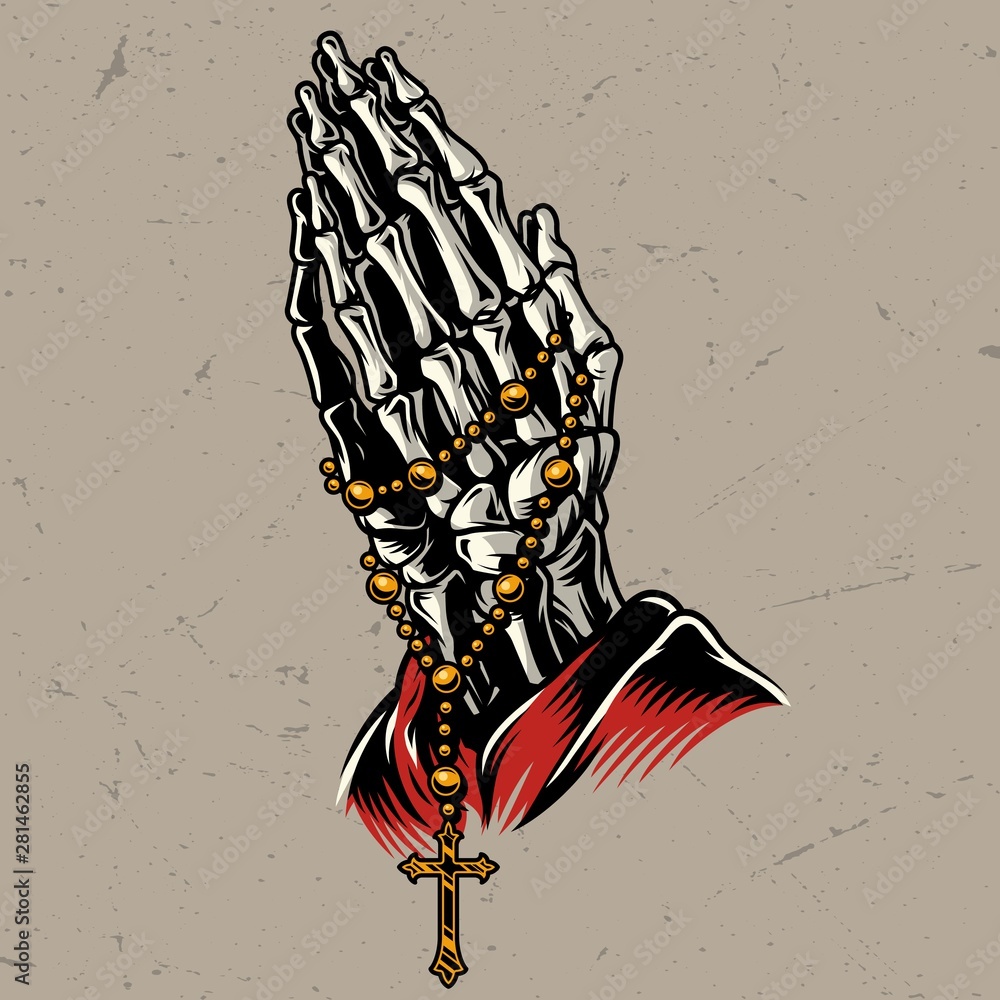 Skeleton praying hands with rosary Stock Vector | Adobe Stock