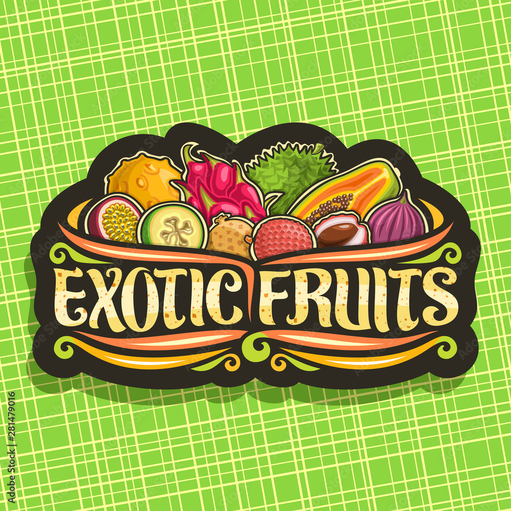 Vector logo for Exotic Fruits, black decorative badge with illustration ...