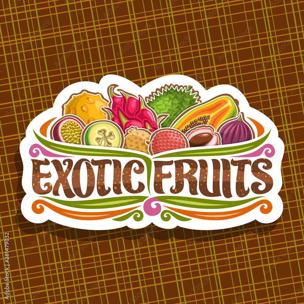 Vetor de Vector logo for Exotic Fruits, decorative cut paper badge with ...