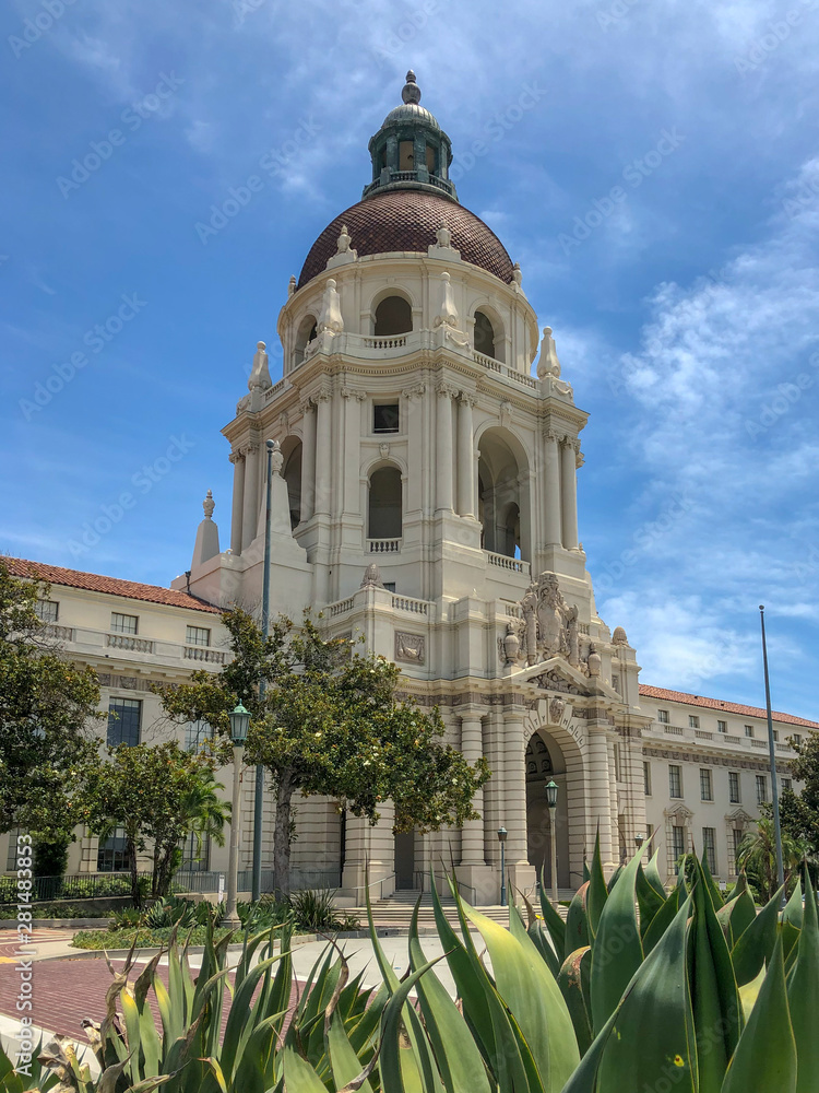 The Pasadena City Hall main tower and arcade. The City Hall was ...