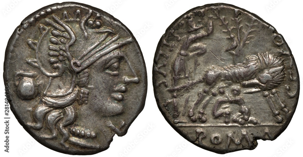 Roman Republic silver coin denarius 137 BC, coinage of Sextus Pompeius ...