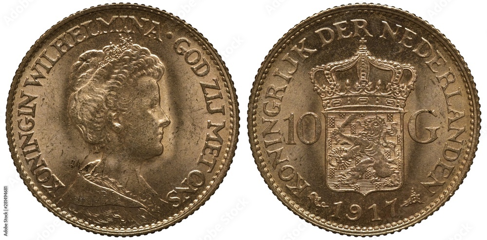 The Netherlands Dutch golden coin 10 ten gulden 1917, younger bust of ...