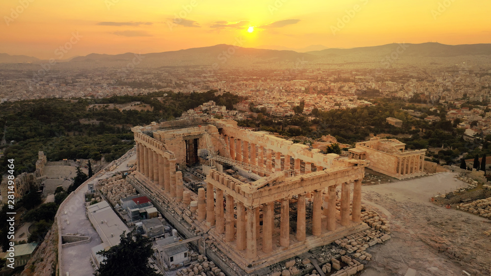 Aerial drone photo of iconic Acropolis hill and the unique masterpiece of Ancient world the ...