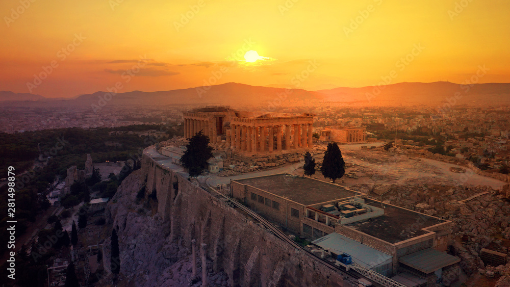 Aerial drone photo of iconic Acropolis hill and the unique masterpiece of Ancient world the ...