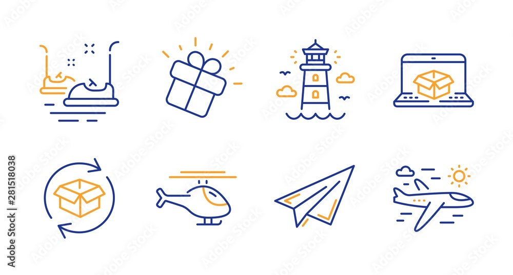 Lighthouse, Online delivery and Gift line icons set. Bumper cars, Return parcel and Paper plane ...
