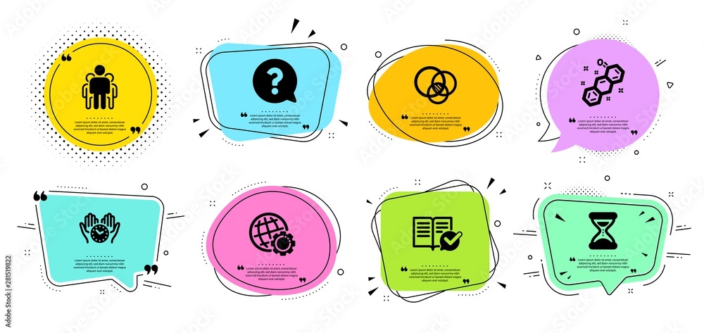 Chemical formula, Group and Time line icons set. Chat bubbles with ...