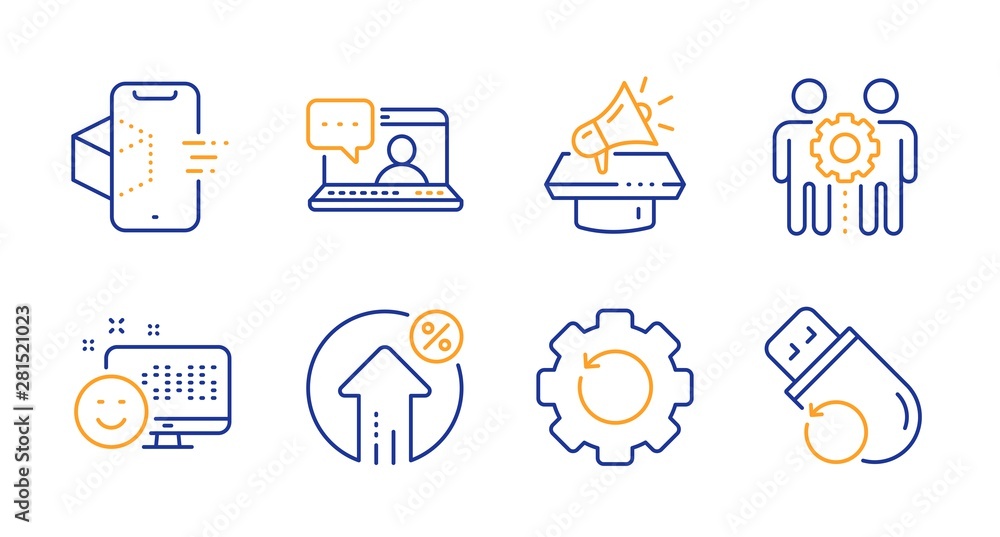 Friends chat, Megaphone and Augmented reality line icons set. Recovery gear, Smile and Employees ...