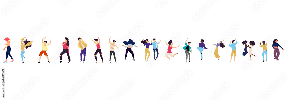 Crowd of young people dancing at club. Big set of characters having fun ...