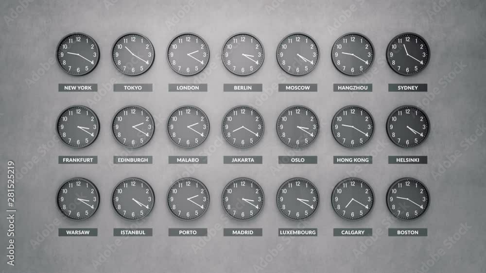 Many round clocks are going and showing different time for different ...