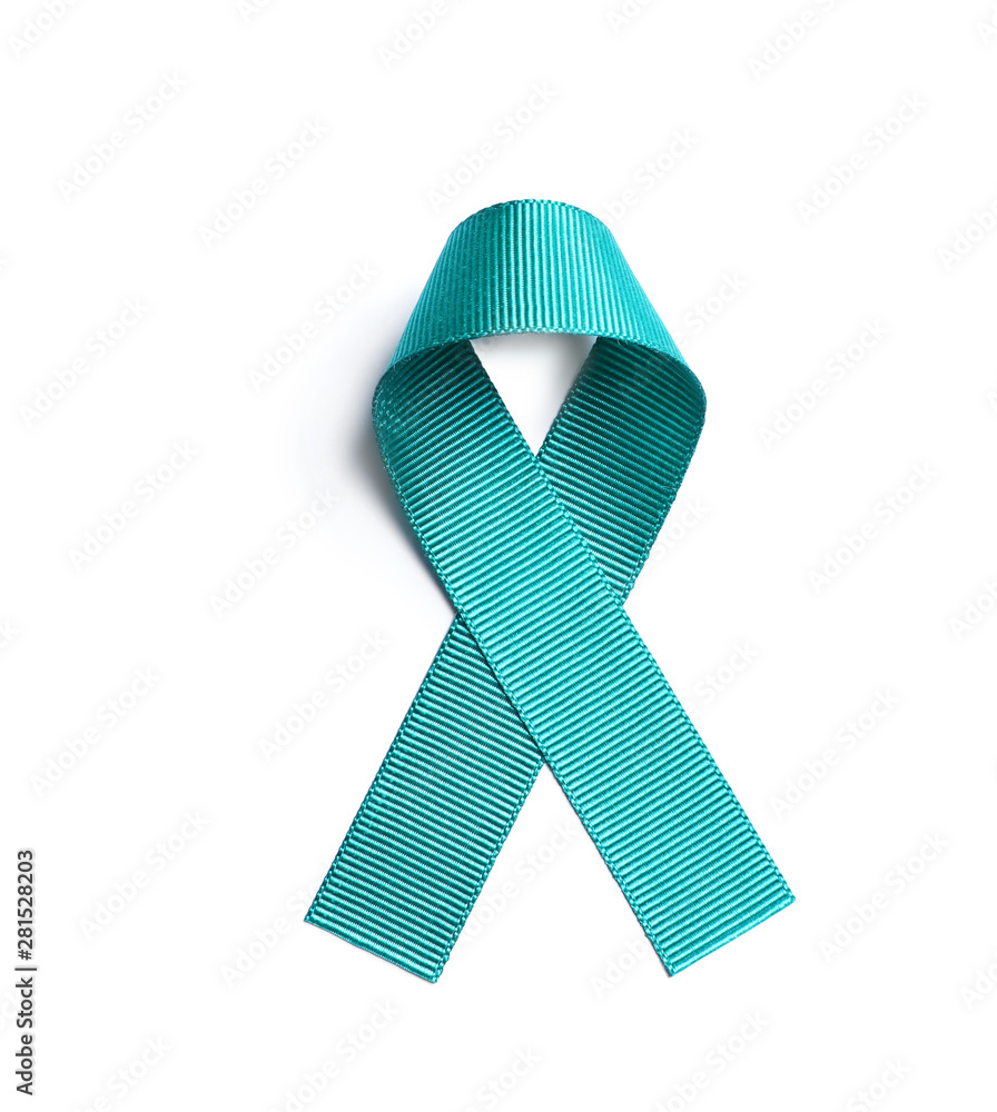 Teal awareness ribbon on white background, top view. Symbol of social ...