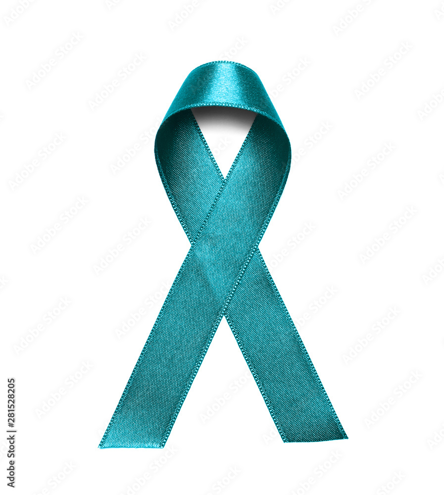 Teal awareness ribbon on white background, top view. Symbol of social ...