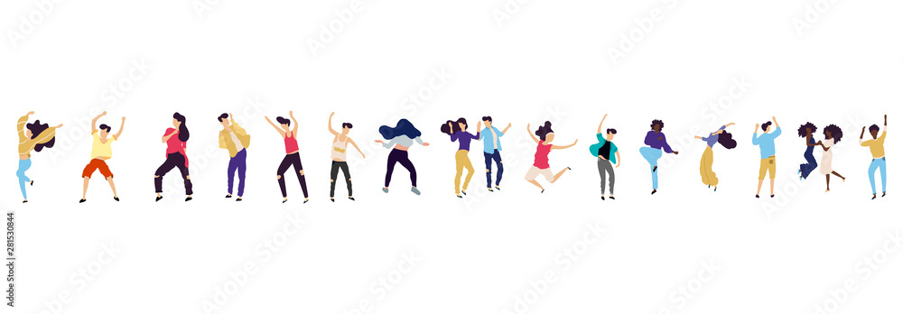 Crowd of young people dancing at club. Big set of characters having fun ...