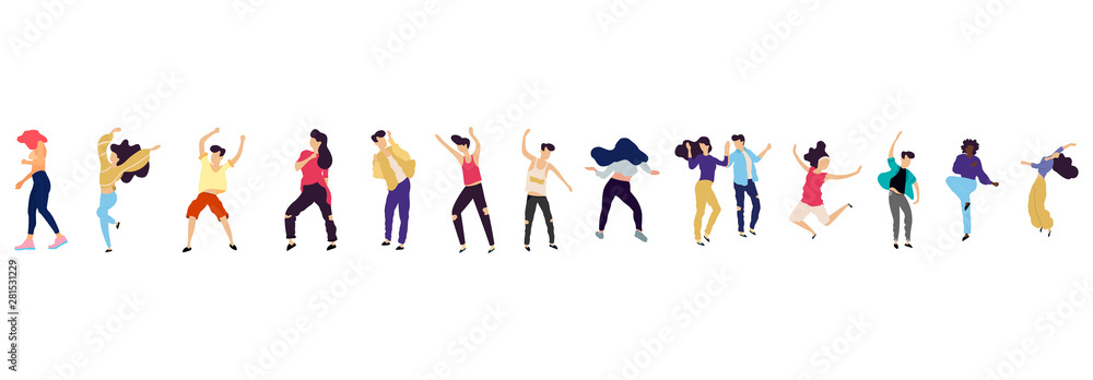 Crowd of young people dancing at club. Big set of characters having fun ...