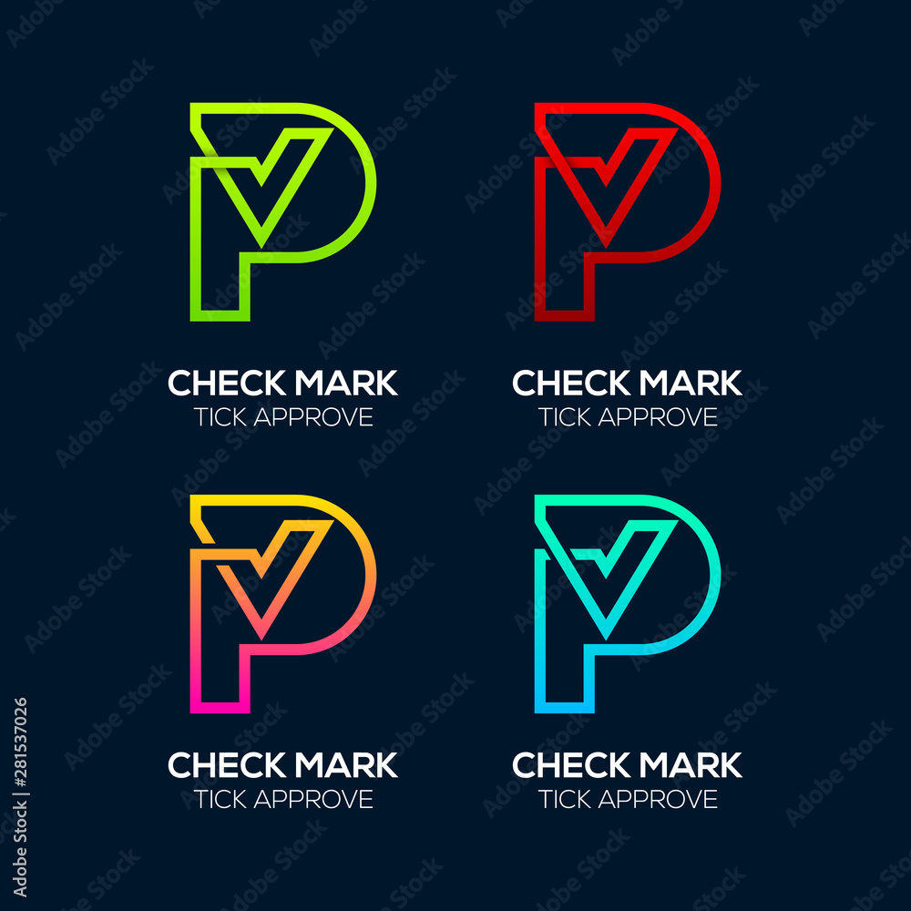 Letter P logotypes with Check mark Signs, Tick Approve Symbols Vector ...