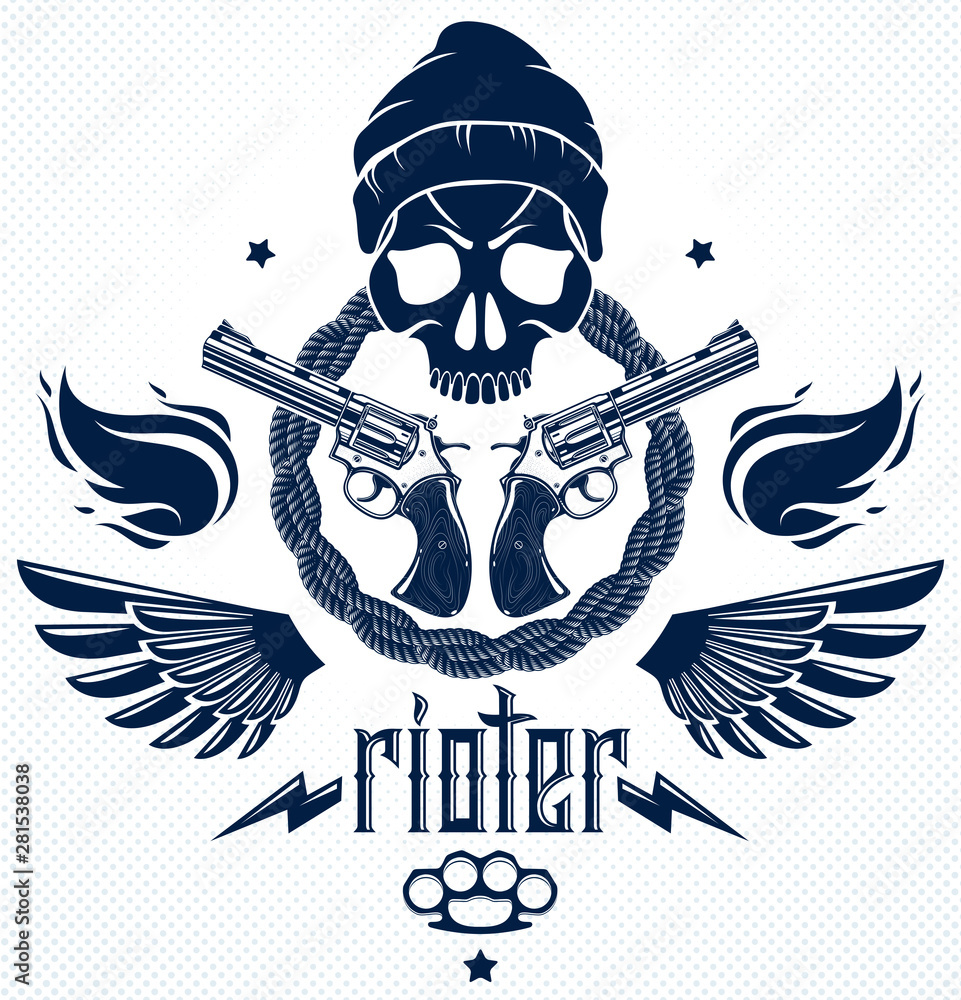 Revolution and Riot wicked emblem or logo with aggressive skull ...