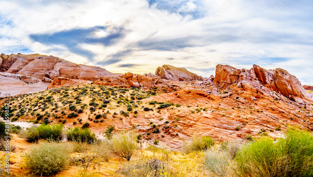 The colorful red, yellow and white sandstone rock formations along the ...