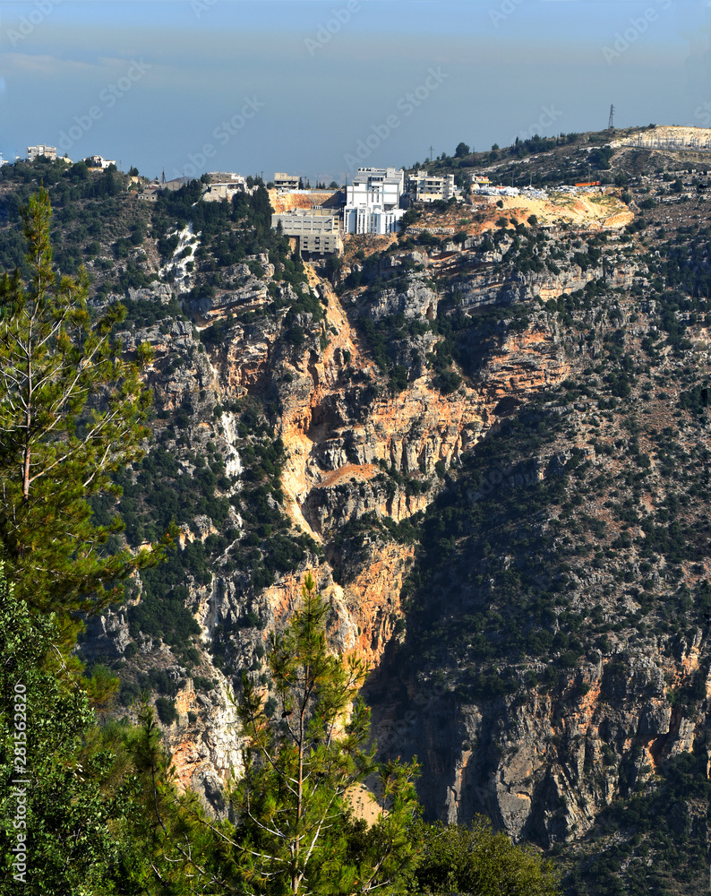 Canyon of River Nahr Ibrahim, Lebanon landscape with an house built at ...