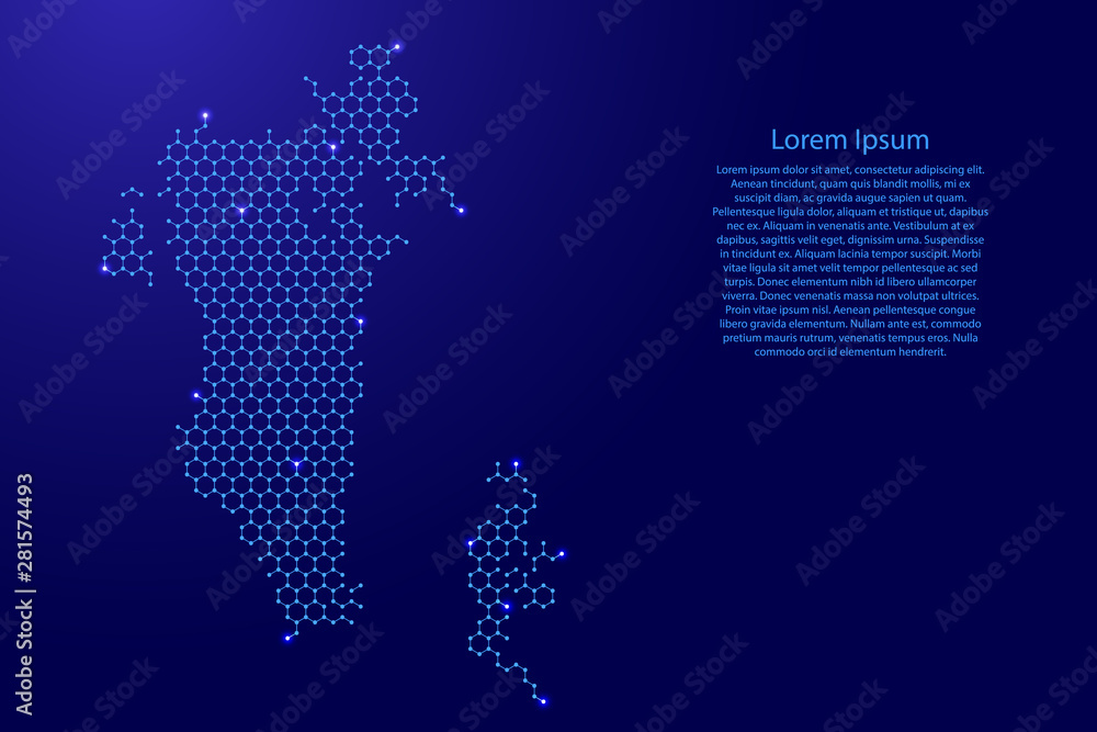 Bahrain map from futuristic hexagonal shapes, lines, points blue and ...