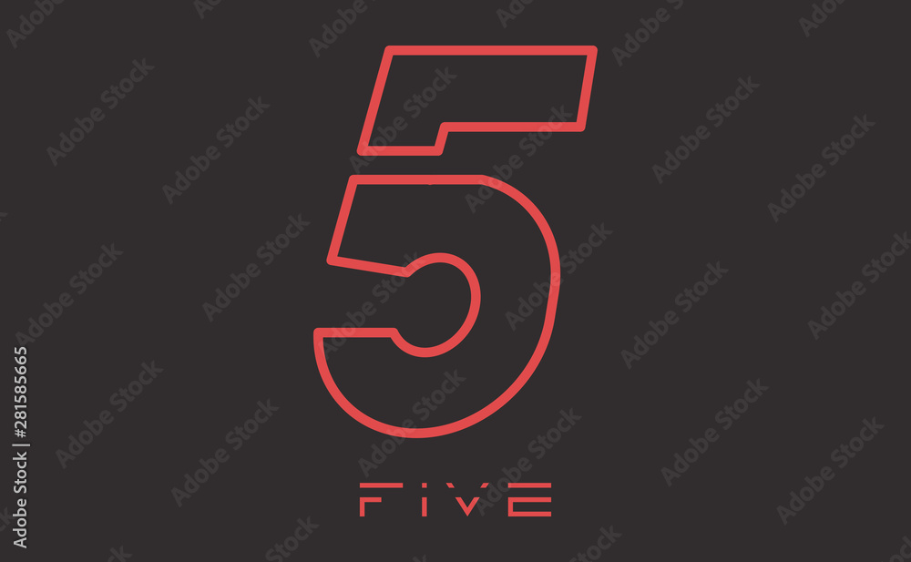 Number five logo vector illustration. Red number 5 isolated on black ...