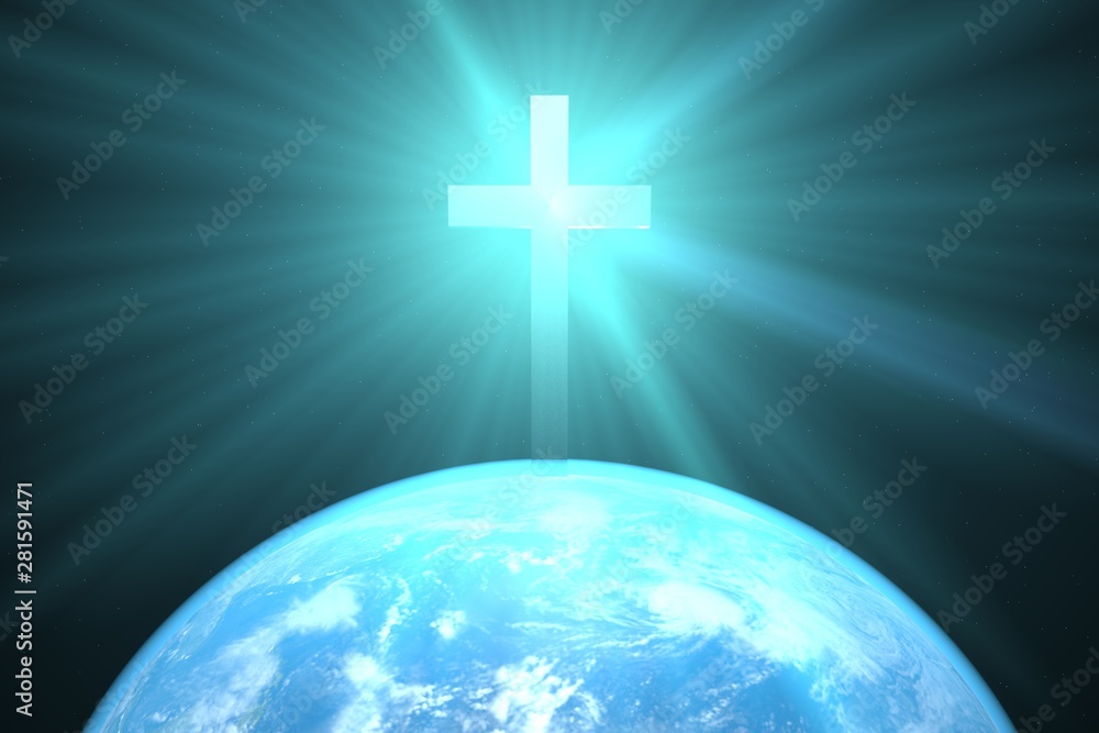 Poster 3d illustration: The Christian cross over the planet earth sheds ...