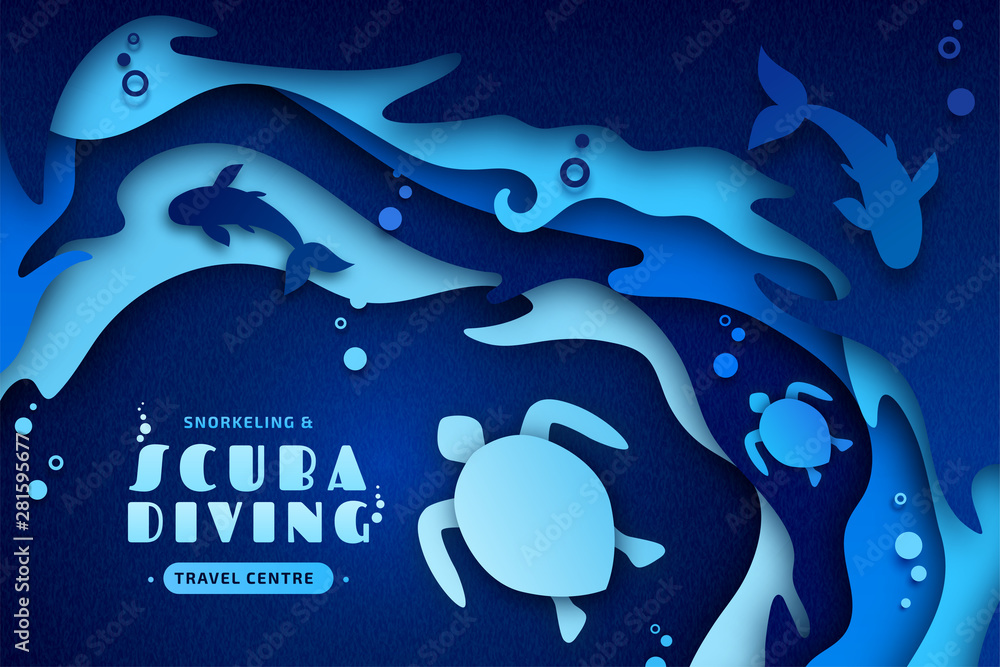 Paper art of scuba diving, snorkeling and marine life concept. Origami ...