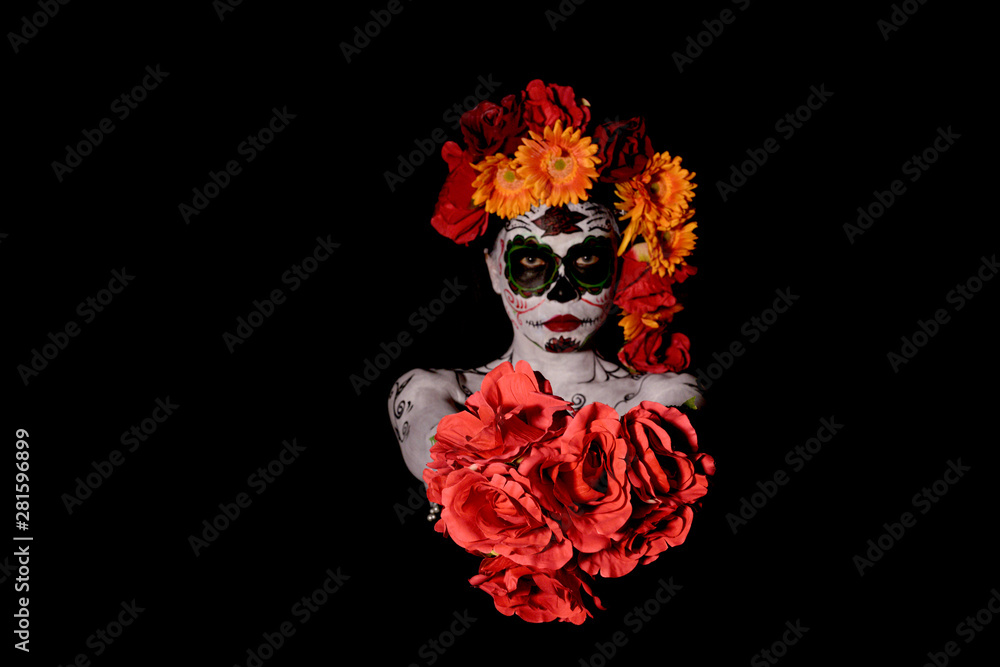 Halloween, Day of the Dead body paint on woman giving flower to you on ...