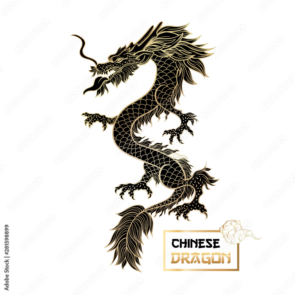 Chinese red dragon hand drawn illustration. Asian mythology serpent ...
