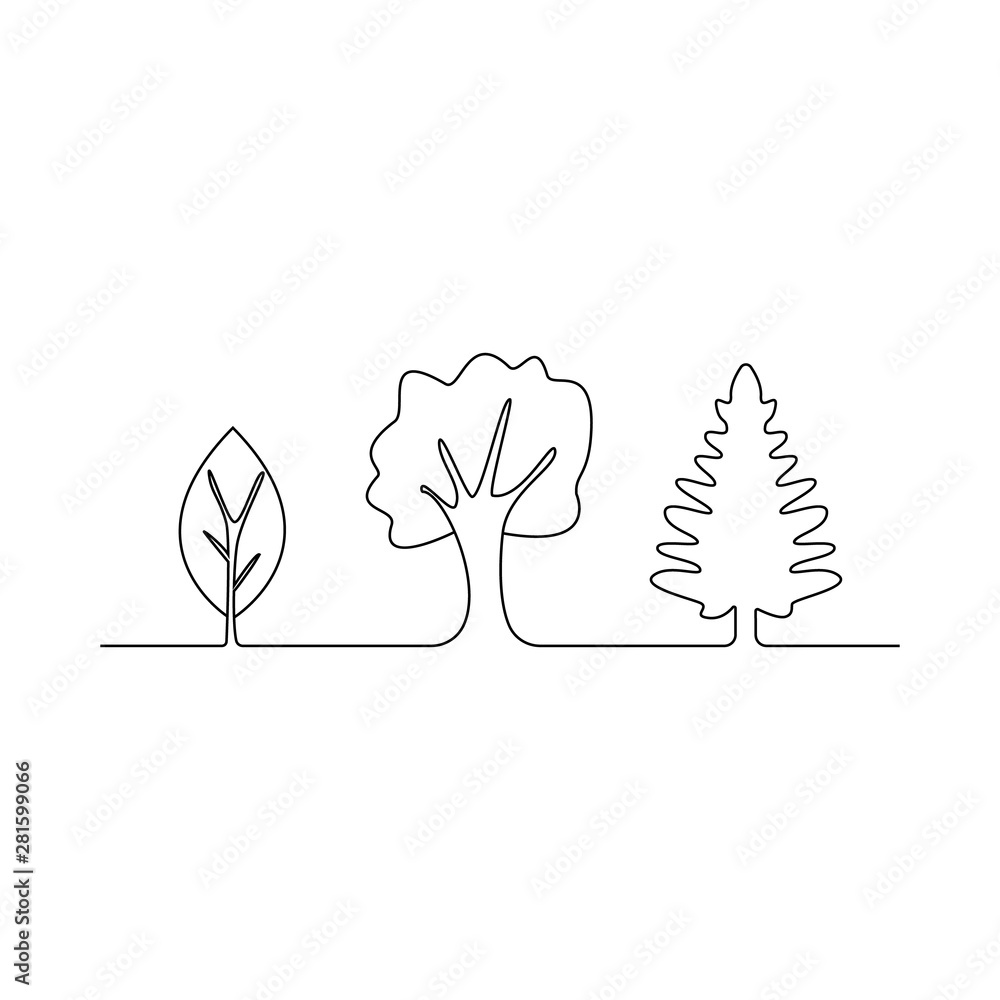 Continuous line drawing of trees on white background. Vector ...