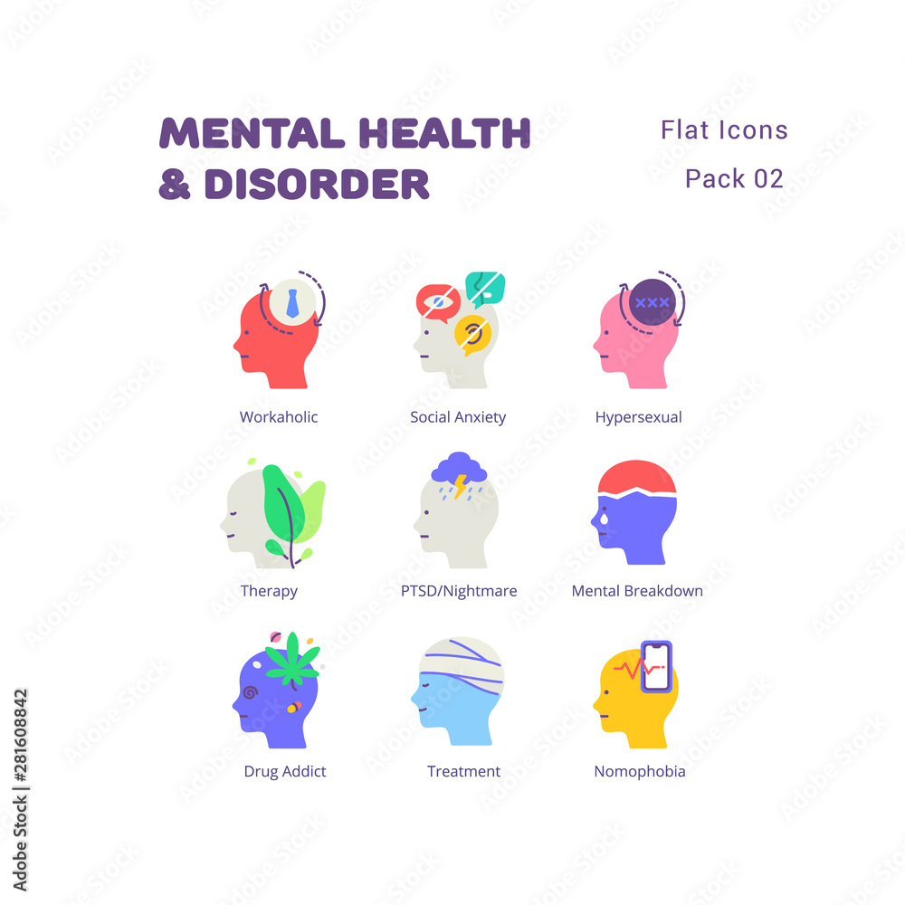 Mental Health and Disorder flat icons set Stock Vector | Adobe Stock